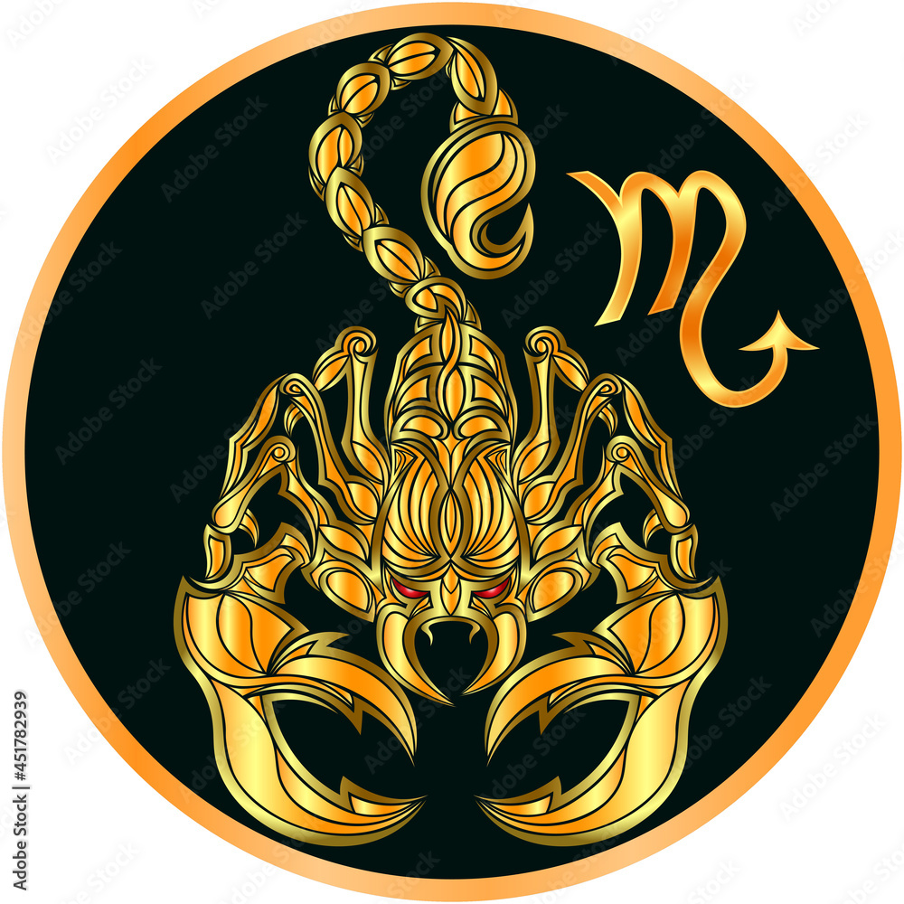 Round gold shield with Scorpio image with golden zodiac sign and symbol ...