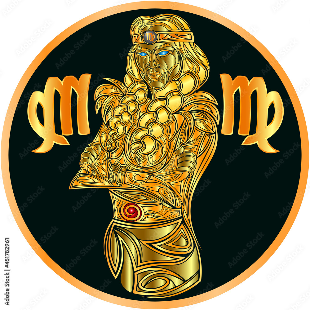 Round gold shield with Virgo image with golden zodiac sign and symbol ...