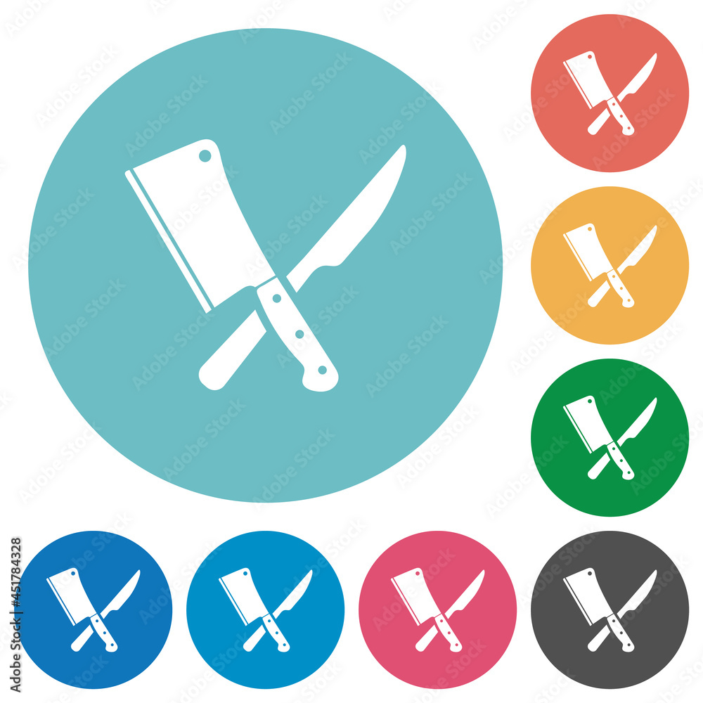 Crossed meat cleaver and knife flat round icons Stock Vector | Adobe Stock