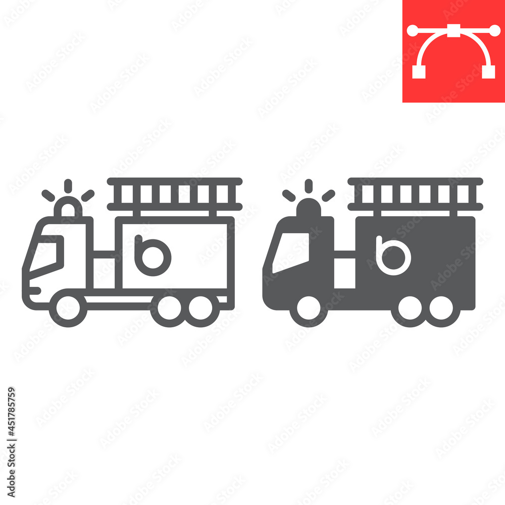 Fire engine line and glyph icon, transportation and vehicle, fire truck ...