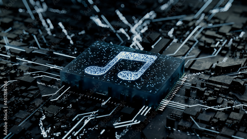 Audio Technology Concept with music symbol on a Microchip. Data flows ...