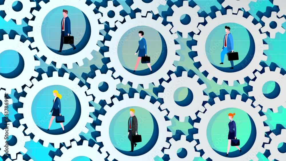 Business people moving cog mechanism. Cartoon dynamic cogs working ...