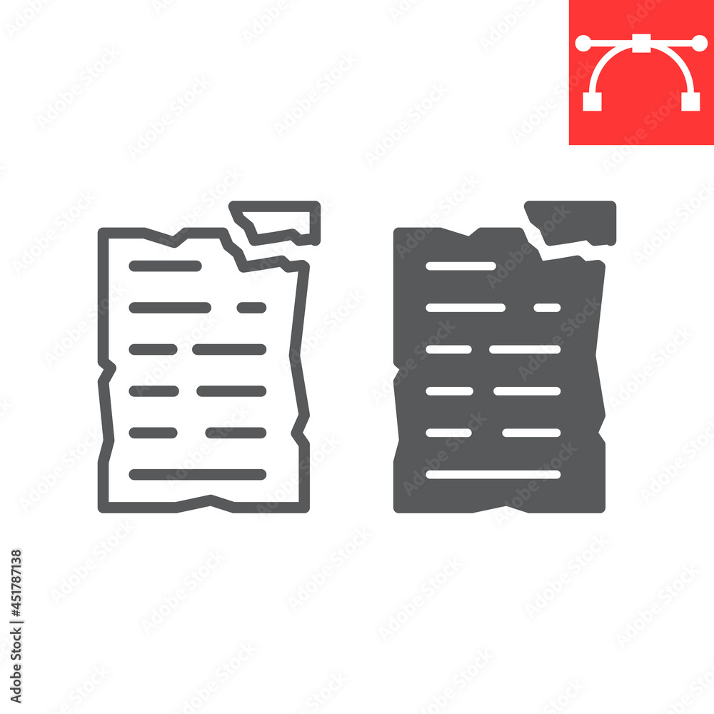 Crumpled paper line and glyph icon, recycle and ecology, paper waste ...