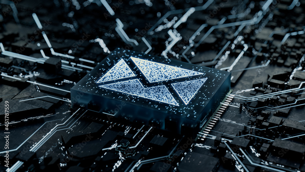 Email Technology Concept with Envelope symbol on a Microchip. Data ...