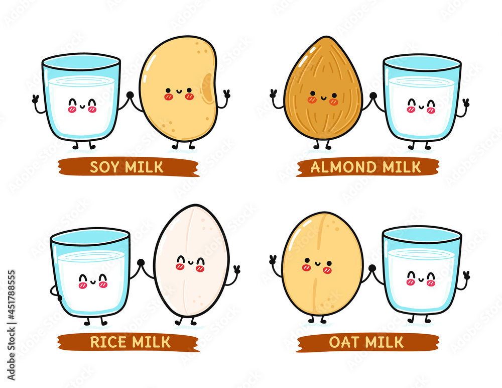 Funny cute happy vegetable milk characters bundle set. Vector kawaii ...
