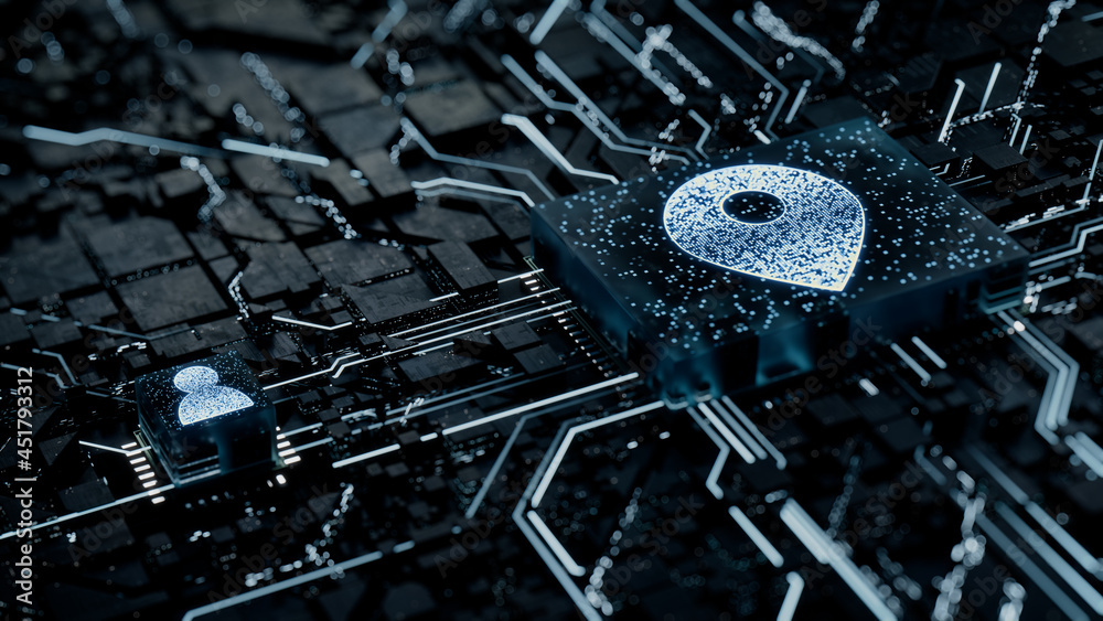 Location Technology Concept with map pin symbol on a Microchip. White ...