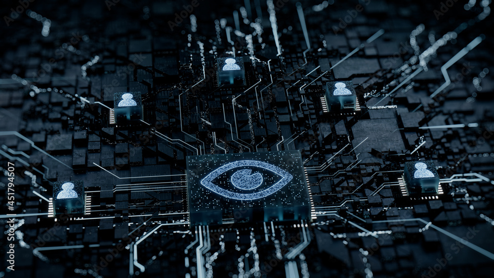 Vision Technology Concept with eye symbol on a Microchip. White Neon ...