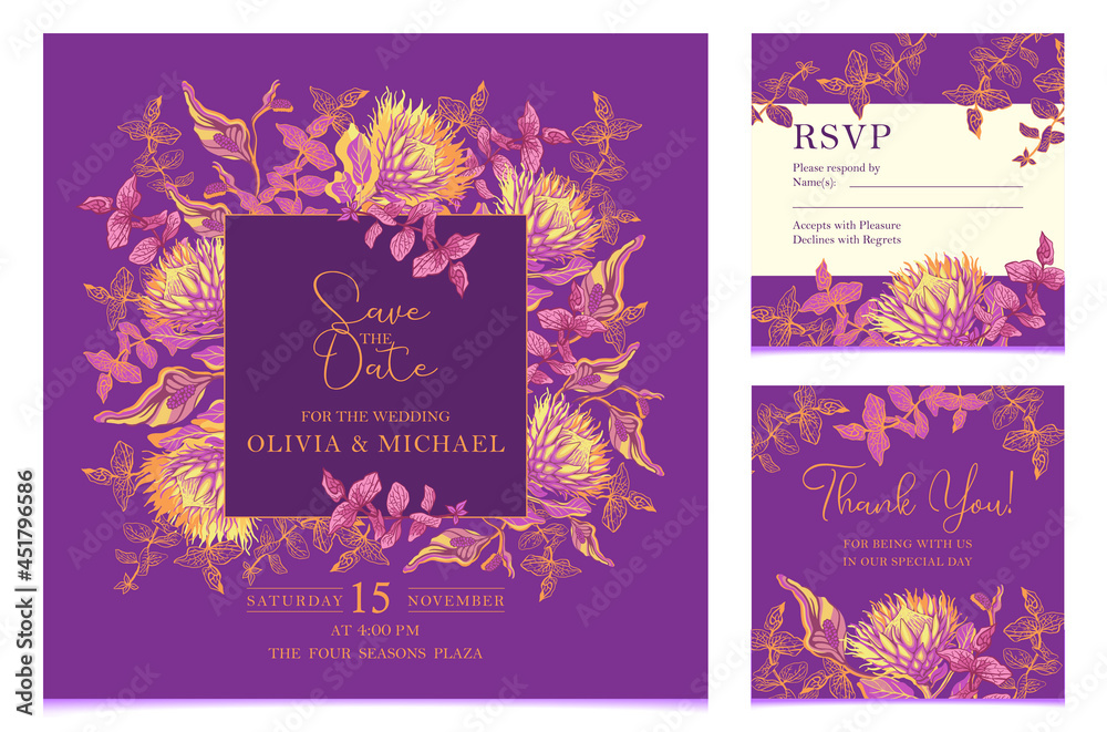 Luxury fashion wedding invitation set, template with exotic protea ...