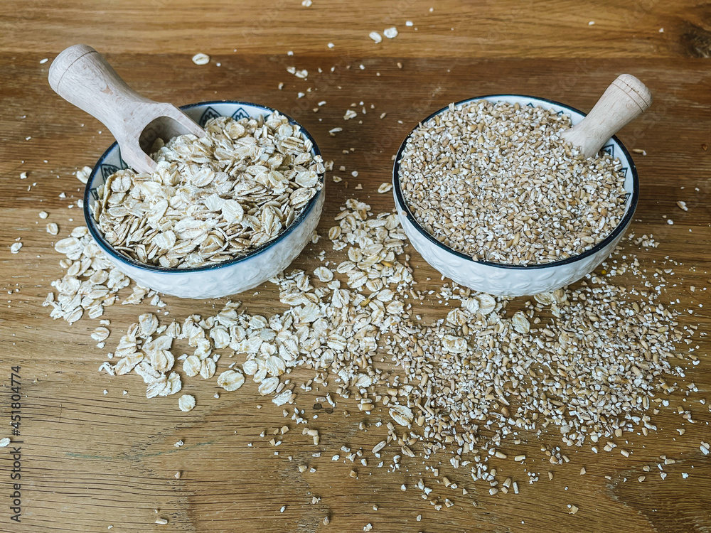 Steel cut pinhead oats rolled oats in bowls oatmeal porridge types of ...