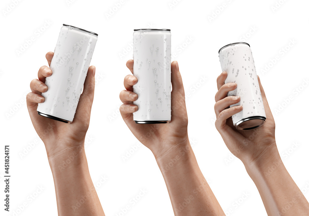 Man holding aluminum can with blank label, isolated on white background ...