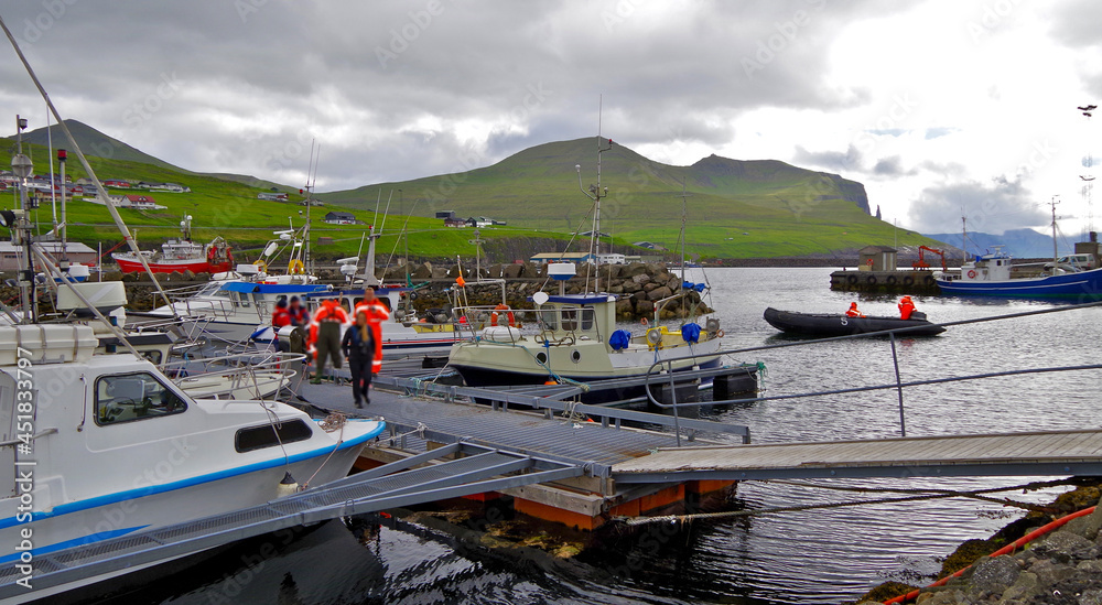 Marina with fisher and sailing motor boats in port and picturesque ...