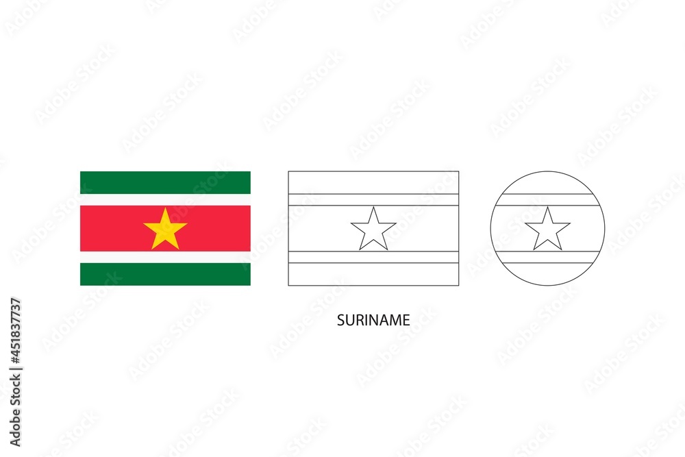 Suriname flag 3 versions, Vector illustration, Thin black line of rectangle and the circle on ...