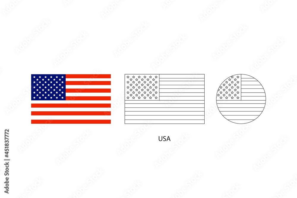 USA flag 3 versions, Vector illustration, Thin black line of rectangle ...