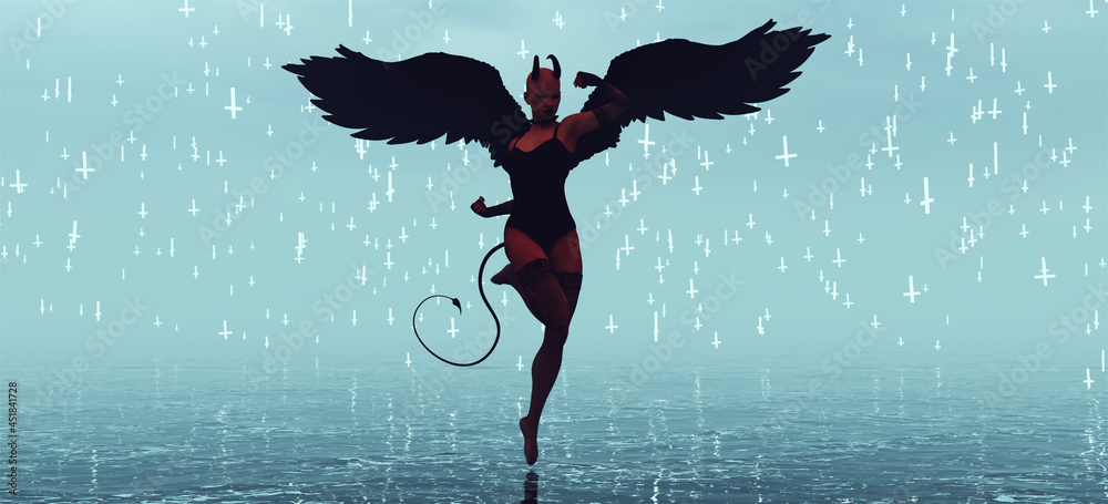 Red Devil Woman Fallen Angel with Horns Black Wings in Black Floating ...