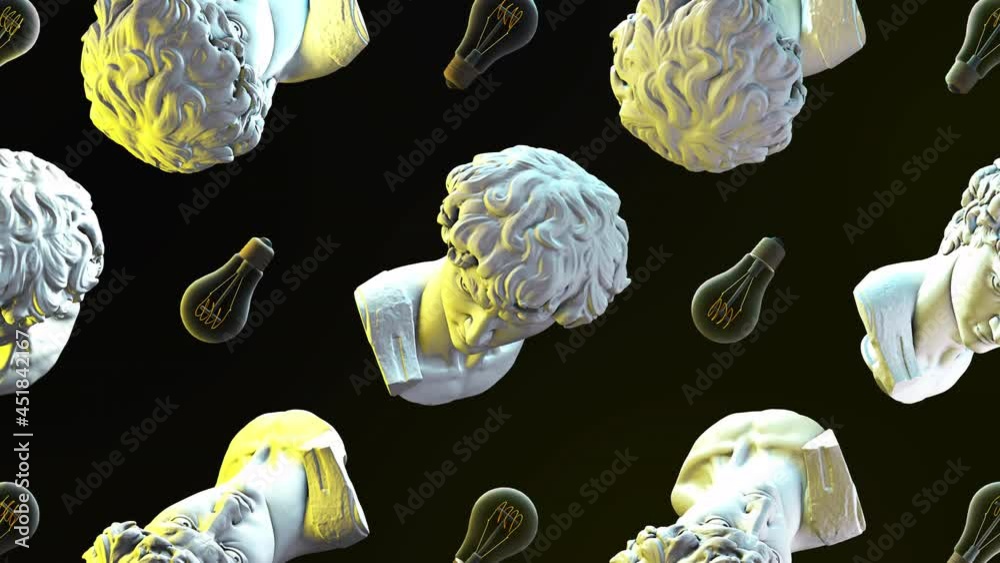 Multiple statues of Greek people alongside the lamps flying in the ...