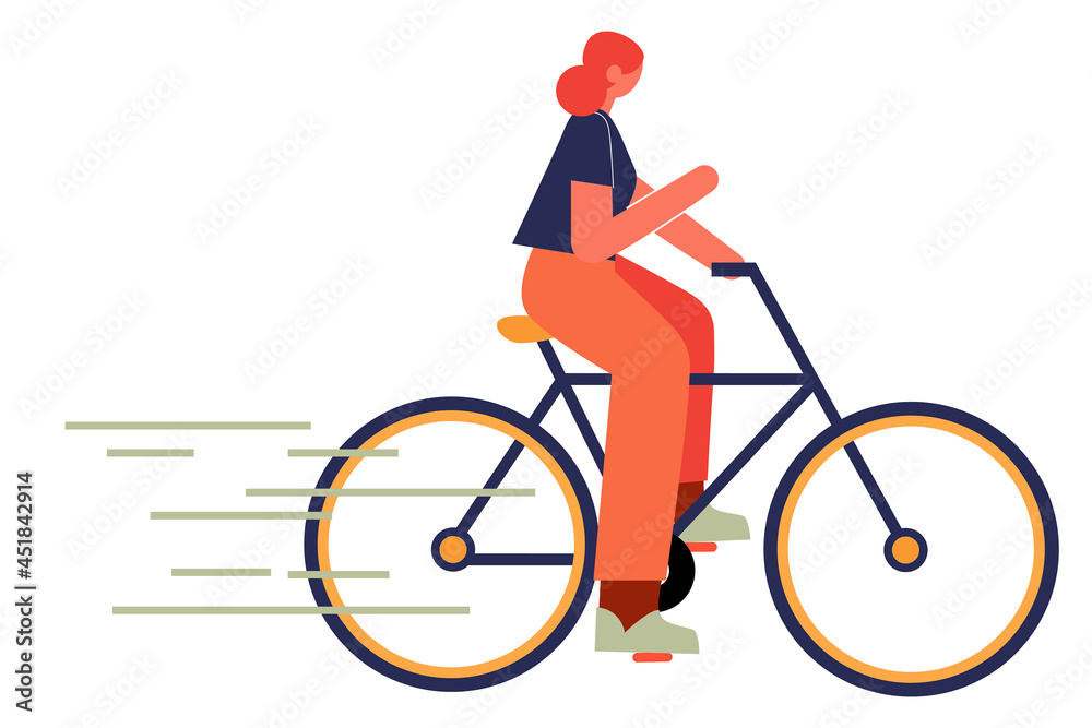 Ginger girl riding a bike. Flat vector illustration on white background ...