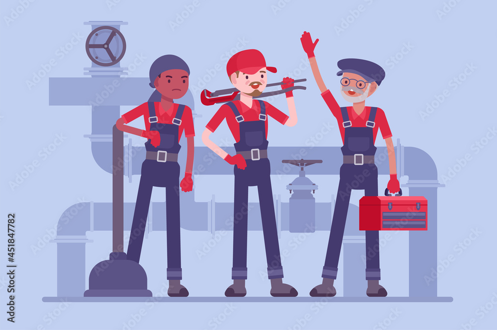 Professional plumbing service team, technicians, fixing blocks and ...