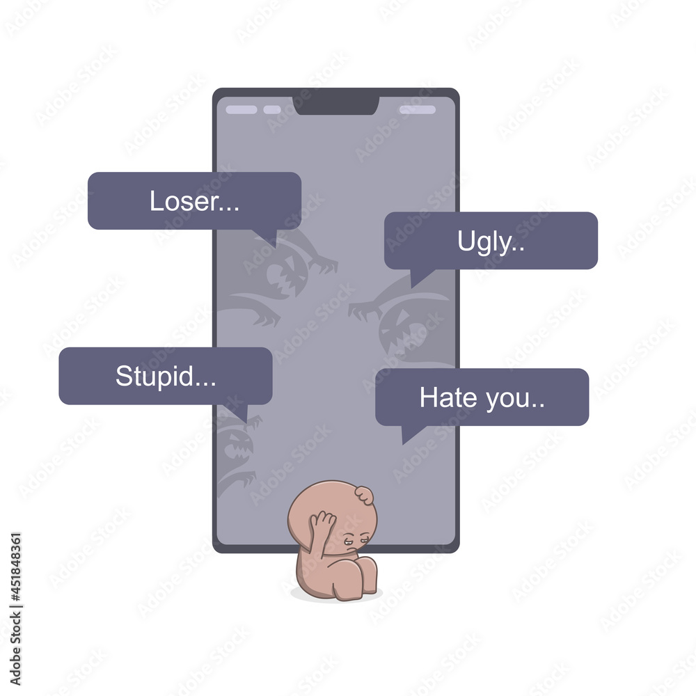 Cartoon person in depression. Hate speeches on cellphone screen.Concept ...