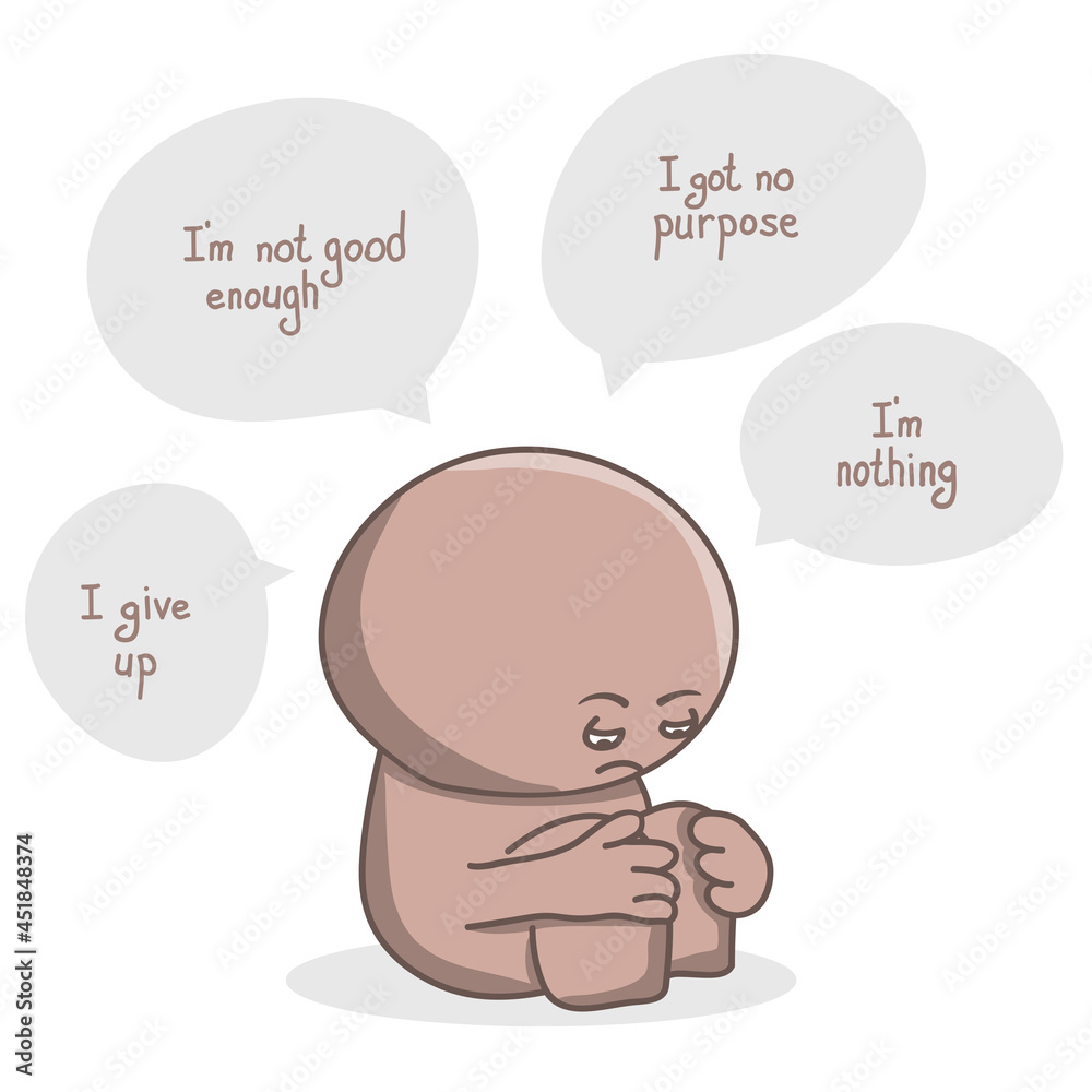 Cartoon person in depression sitting on floor. Negative thoughts around ...