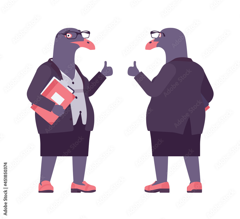 Bird woman, seagull head female pigeon, human wear, thumb up. Plump ...