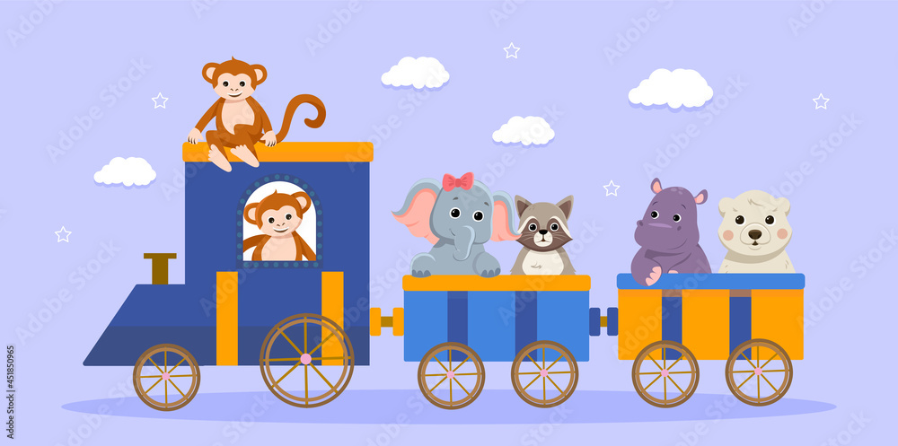 Animals in train. Monkey, elephant, bear, raccoon and hippo are ...