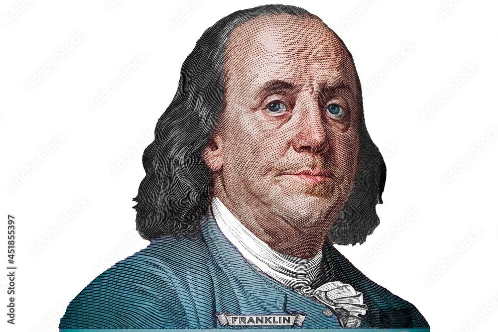 Benjamin Franklin cut on new 100 dollars banknote isolated on white ...