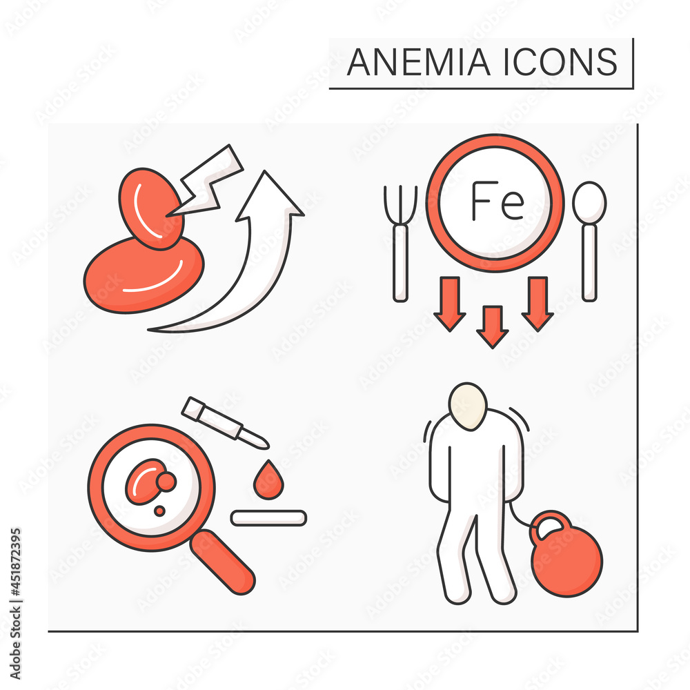 Anemia color icons set. Lack of iron in diet, blood analysis, body ...