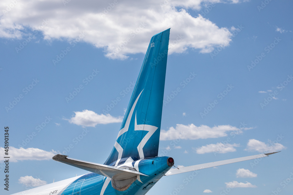 Mississauga, Canada, June 23, 2021; The blue Air Transat logo on the ...