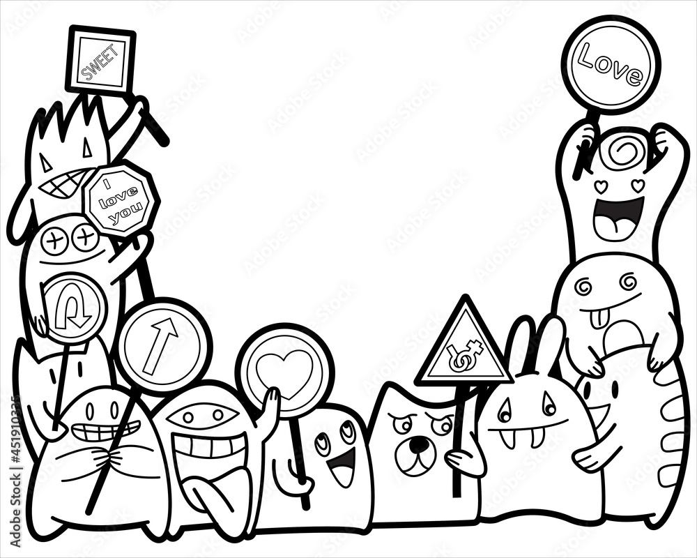 love sign Cartoon monsters collection. coloring book set of cartoon ...