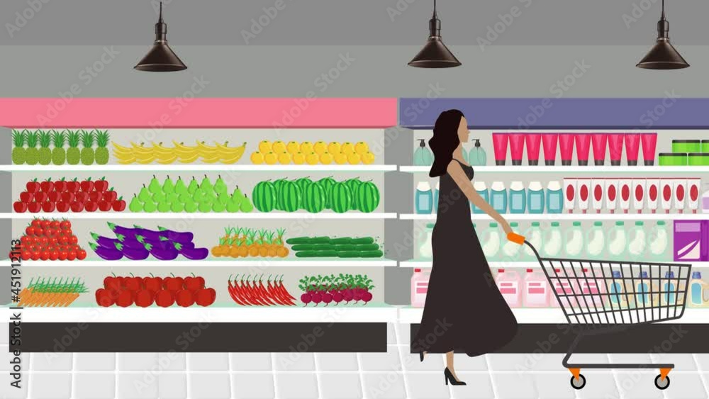 women walking in supermarket area, cartoon animation background Stock ...