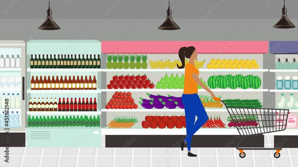 women walking in supermarket area, cartoon animation background Stock ...