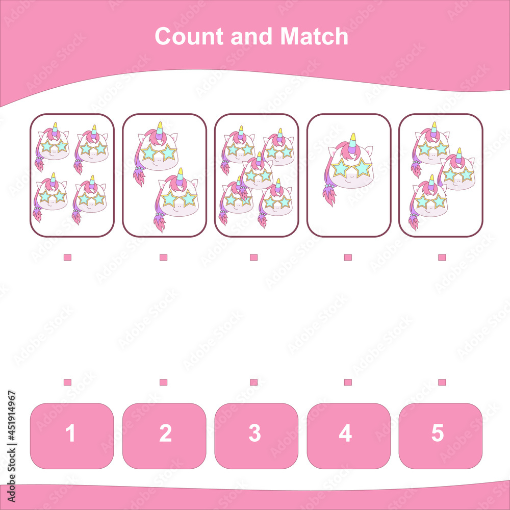 Count and Match Unicorn Game for kids. Counting game. Math Worksheet ...