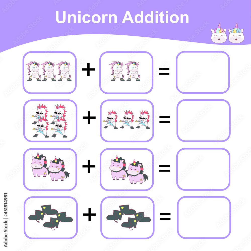 Unicorn Addition Math Game for Preschool. Counting Game Worksheet for ...