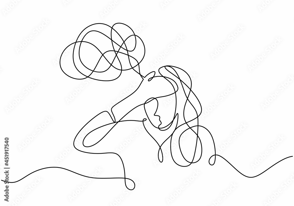 Sad, unhappy young woman continuous line drawing. Psychology problem ...