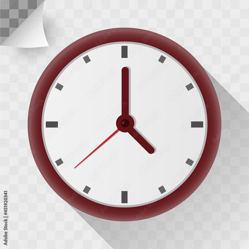 Circle clock flat icon. Round shape on white wall and trasparent ...