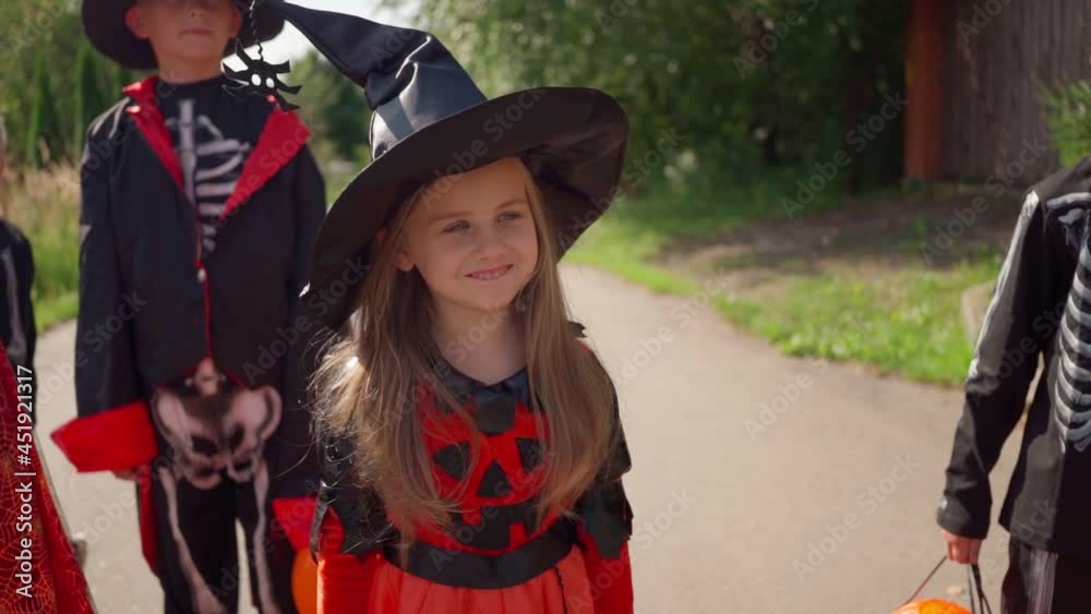 Halloween kids going to collect candy. Trick-or-treating. Guising. Jack ...