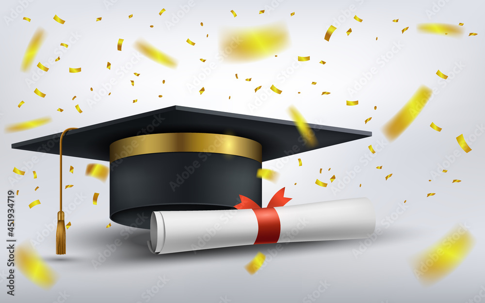 Graduation cap with diploma paper and falling gold confetti. Vector ...