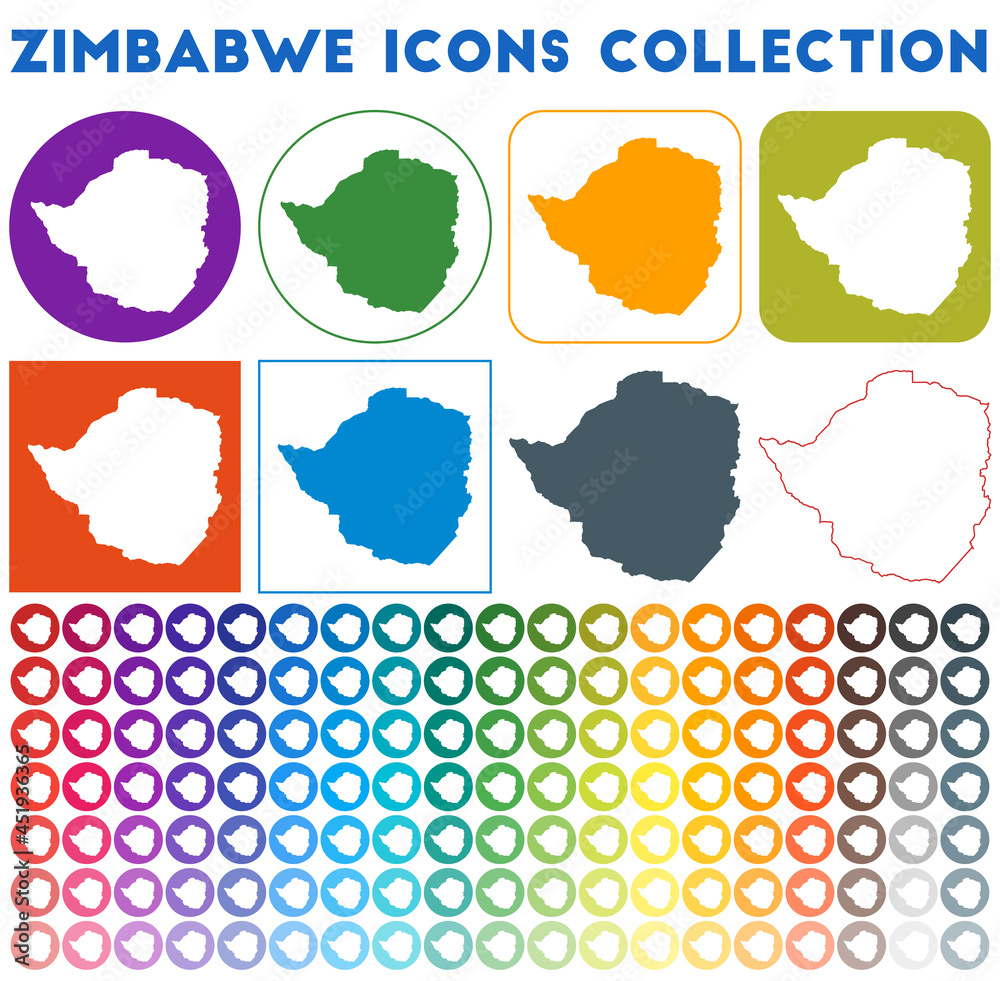 Zimbabwe icons collection. Bright colourful trendy map icons. Modern ...