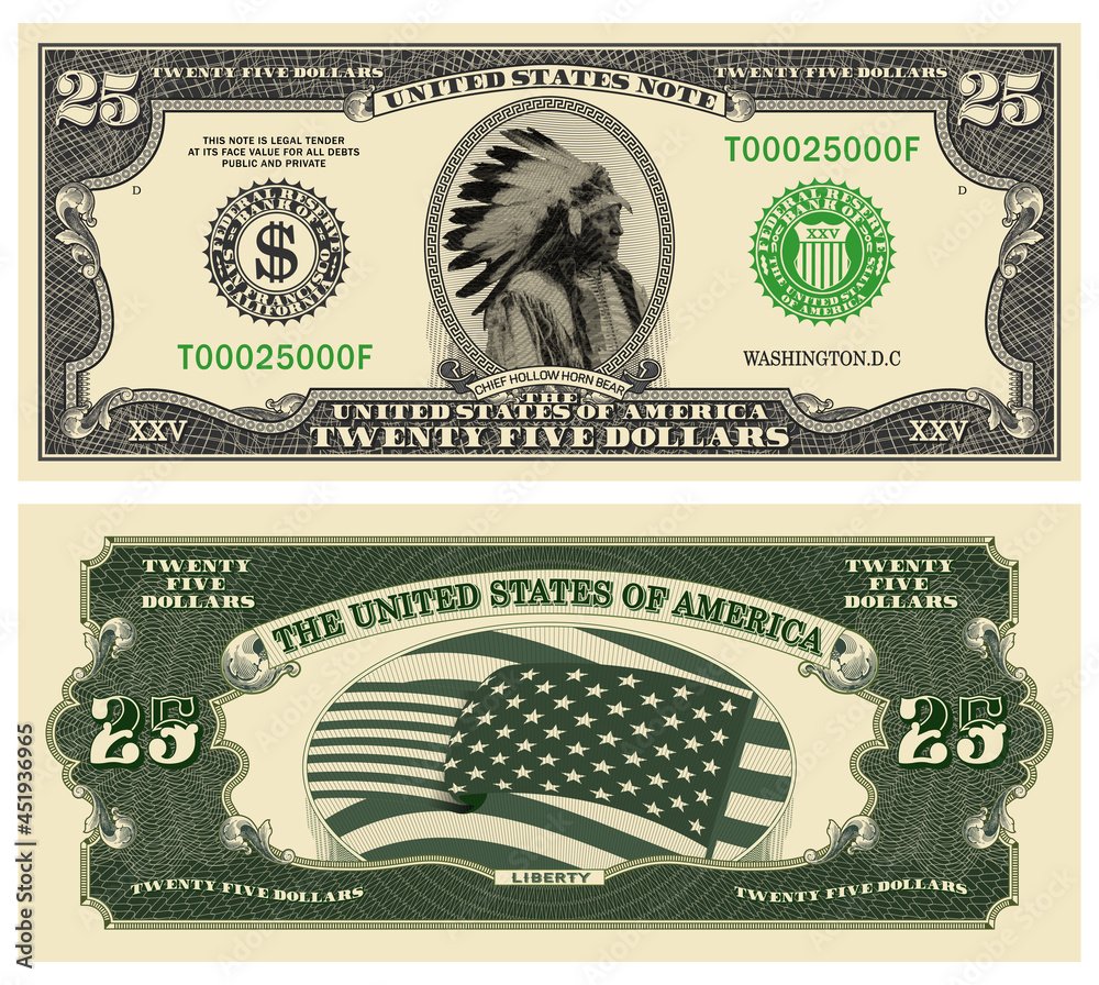 Banknote of 25 dollars. Fictional obverse and reverse in the style of ...
