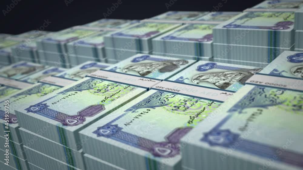 Arab Emirates Dirhams banknote bundle growth up loop. 500 AED Dubai ...