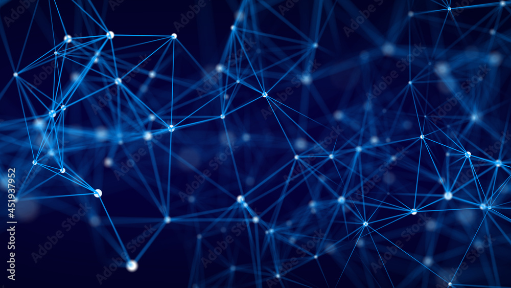 Abstract composition with connecting dots and lines. Blue background. 3d. Big data. Network ...