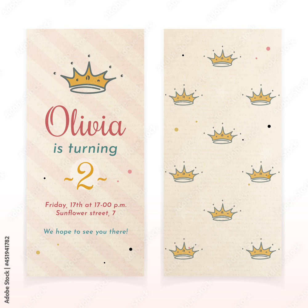 Birthday party invitation template for girl with crown in pastel colors ...