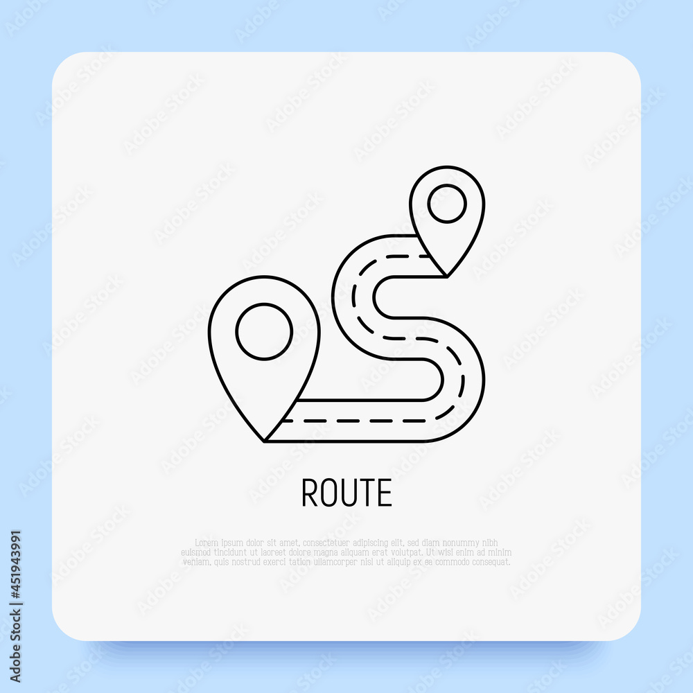 Route with pointers thin line icon. Navigation, distination, distance marker. Vector ...