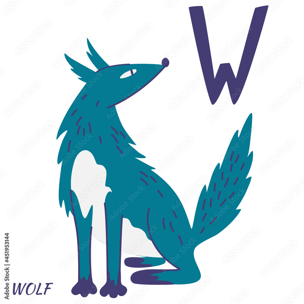 Wolf Animal alphabet. Learning letter W. Hand draw forest animals in ...