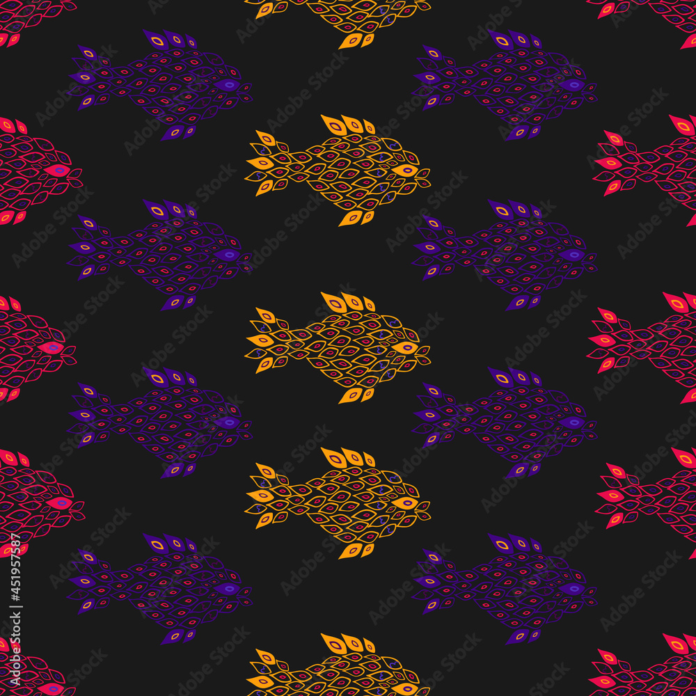 Unusual handdrown bright psychedelic fish seamless pattern. Fish made ...