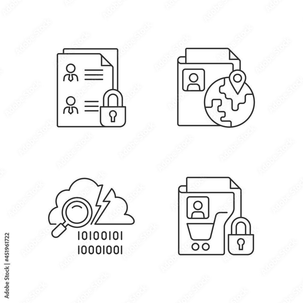 Maintain information security linear icons set. Employee files. Ethnic ...