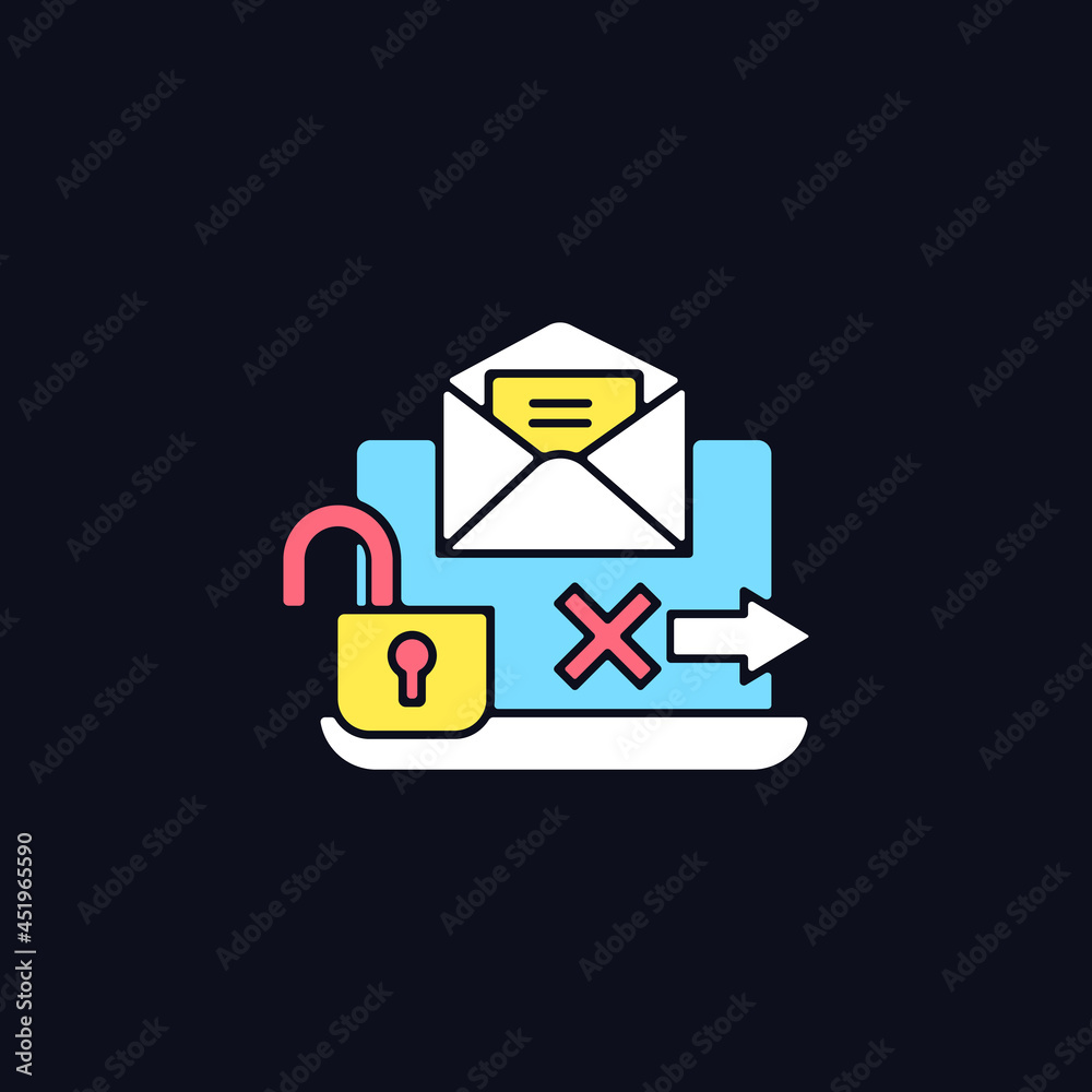 No transmission via email RGB color icon for dark theme. Unencrypted ...