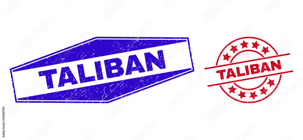 TALIBAN stamps. Flat vector grunge red round and blue hexagonal seal ...