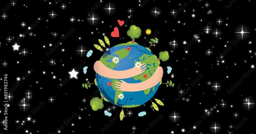 Composition of arms hugging globe on starry night sky background Stock ...