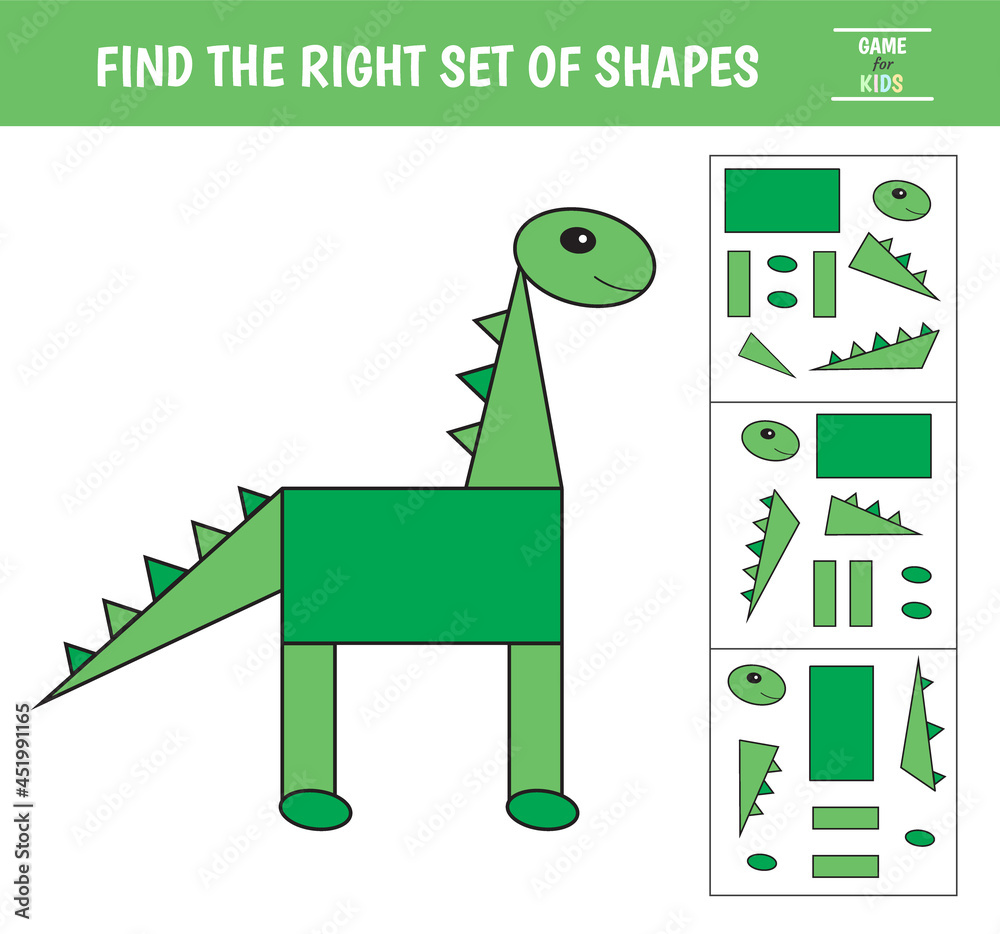 Educational game for kids. Geometrical figure dinosaur. Find the ...